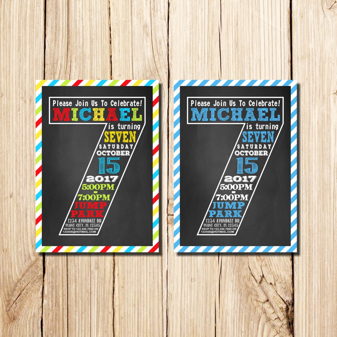 7th Birthday Invitation, Seventh Birthday Invitation, Boy, Сhalkboard ...