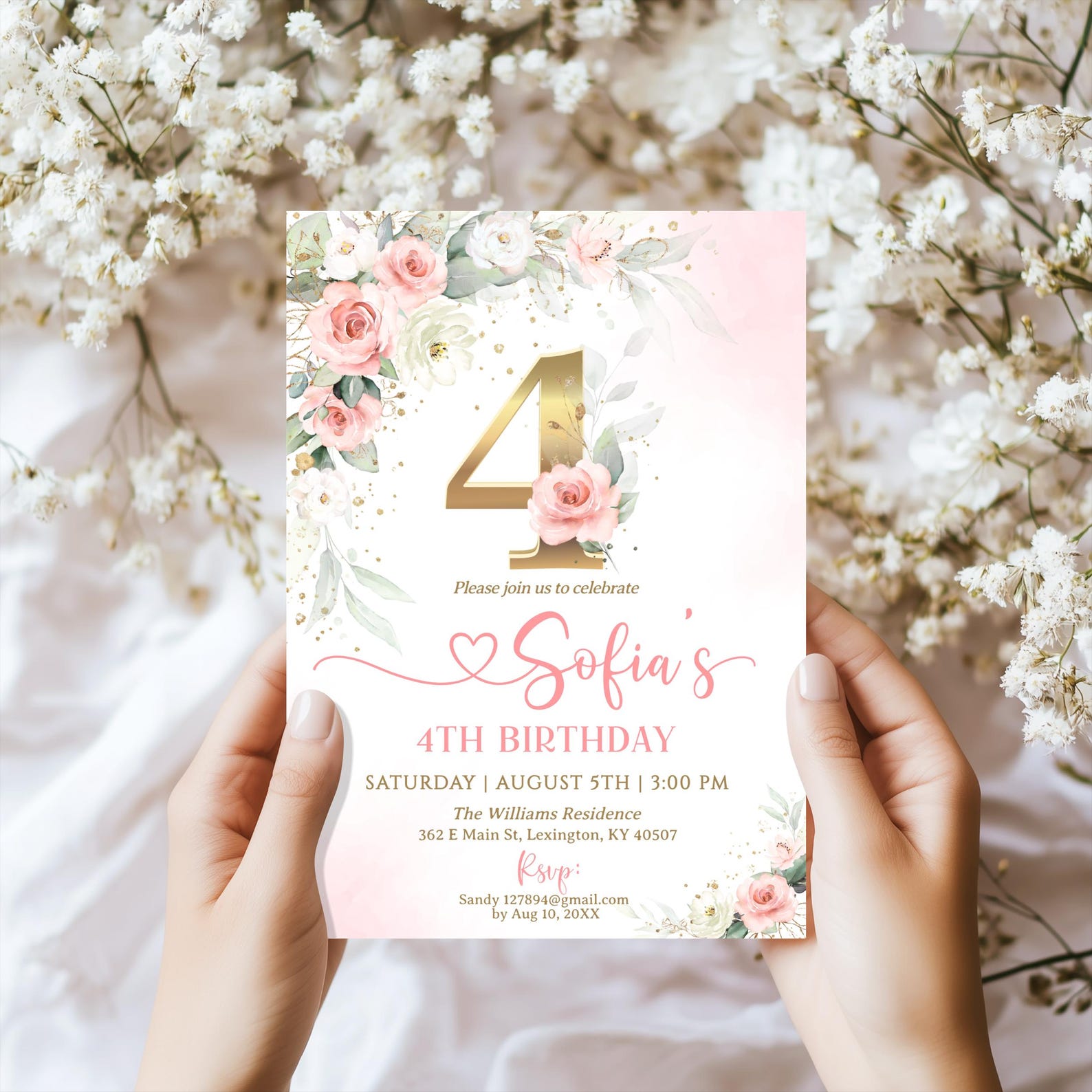 Editable Girl Blush Pink Rose Gold 4th Birthday Invitation Fourth ...