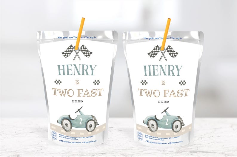 EDITABLE Two Fast Juice Labels Birthday, Vintage Car Water Juice Cup ...