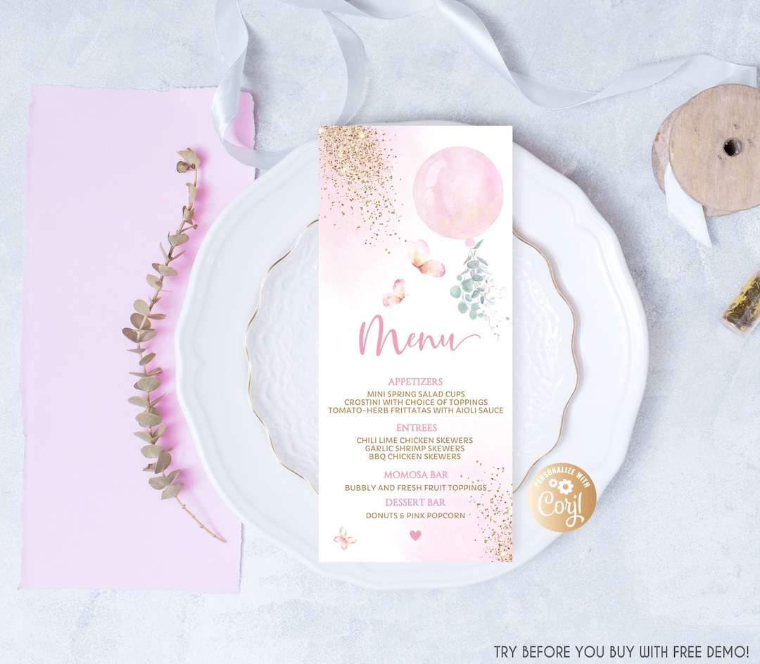 Editable Pink Balloon Dinner Menu Card for Girl, Balloon Watercolor ...