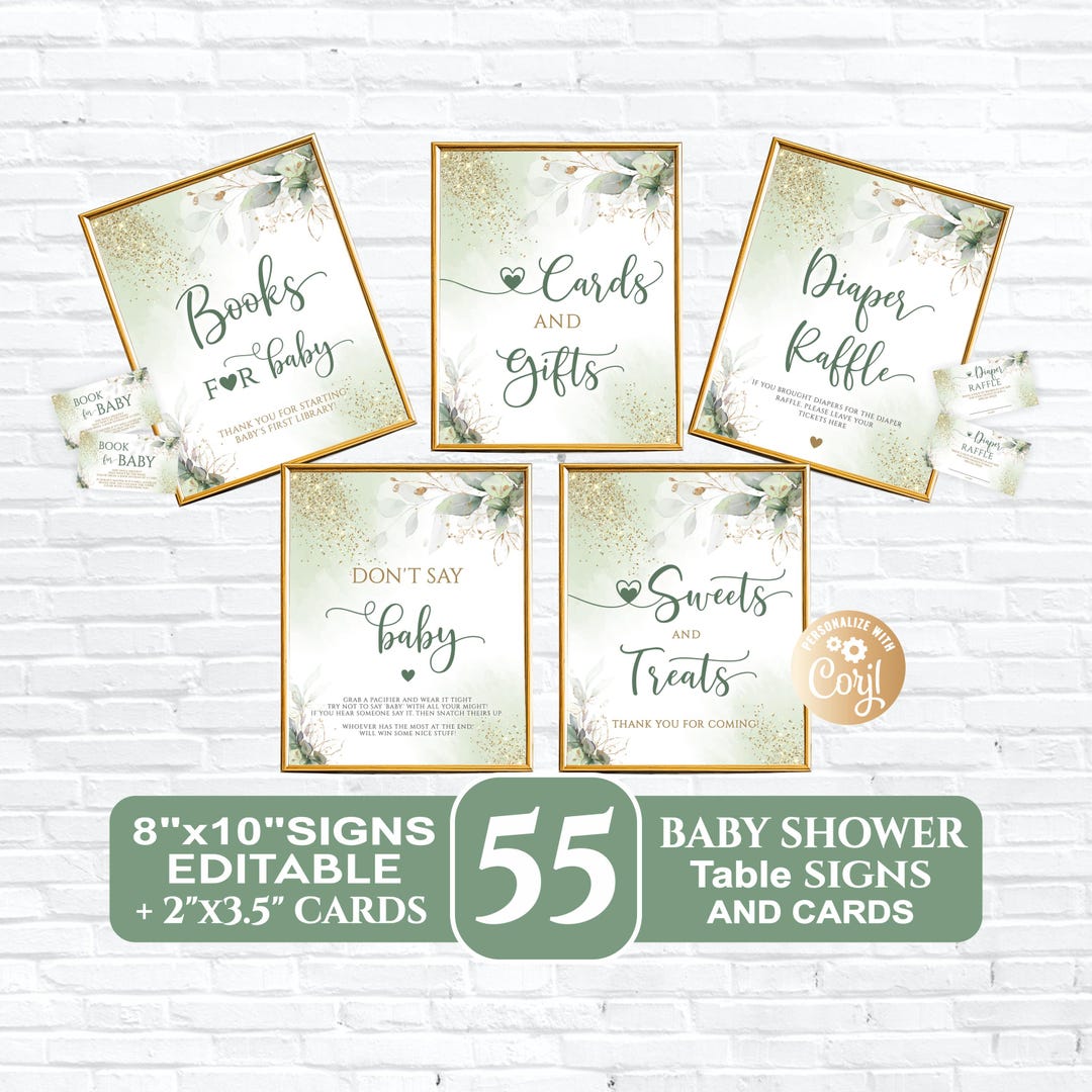 Greenery Green Sage Baby Shower Sign Bundle, Floral Eucalyptus Baby ...