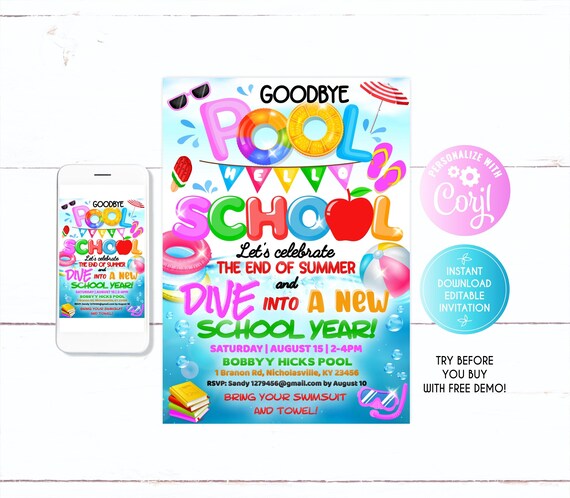 Goodbye Pool Hello School Invitation Girl EDITABLE End of - Etsy