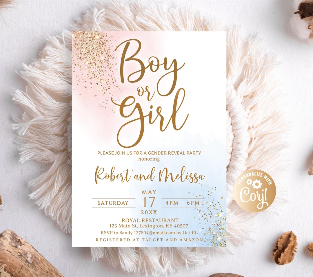 Gender Reveal Baby Shower Invitation, Gold and Glitter, Boy or Girl ...