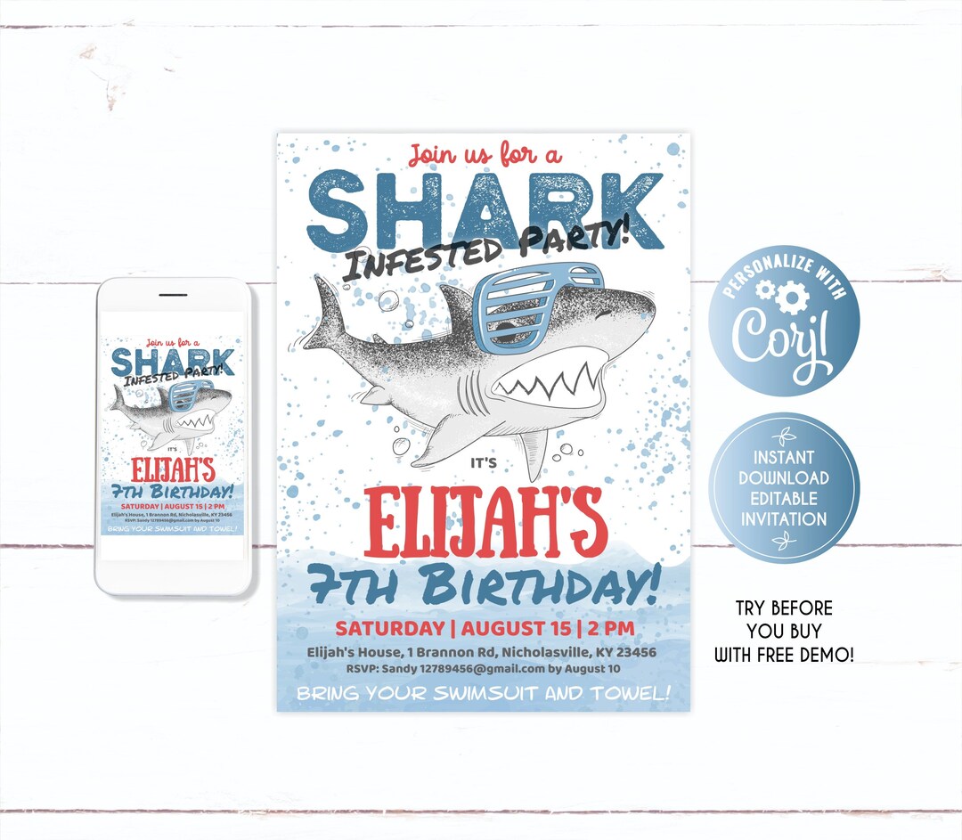 Shark Birthday Invitation, Shark Infested Party, Shark Attack Birthday ...