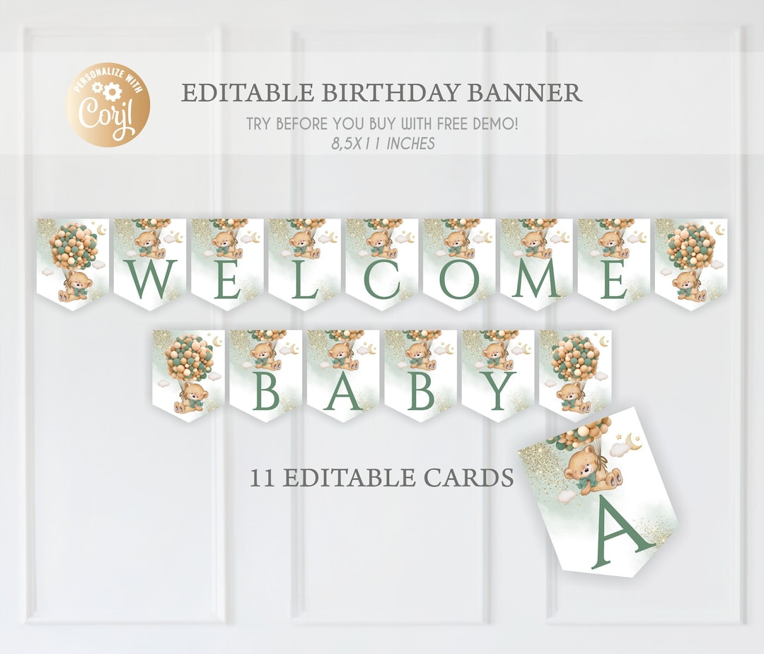 Editable Welcome Baby Banner Bear Sage Green, Boy Bear With Balloons ...