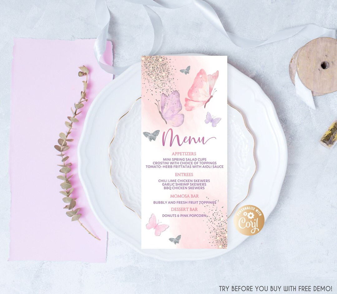 Editable Butterfly Silver Dinner Menu Card, Butterfly Reception Dinner ...
