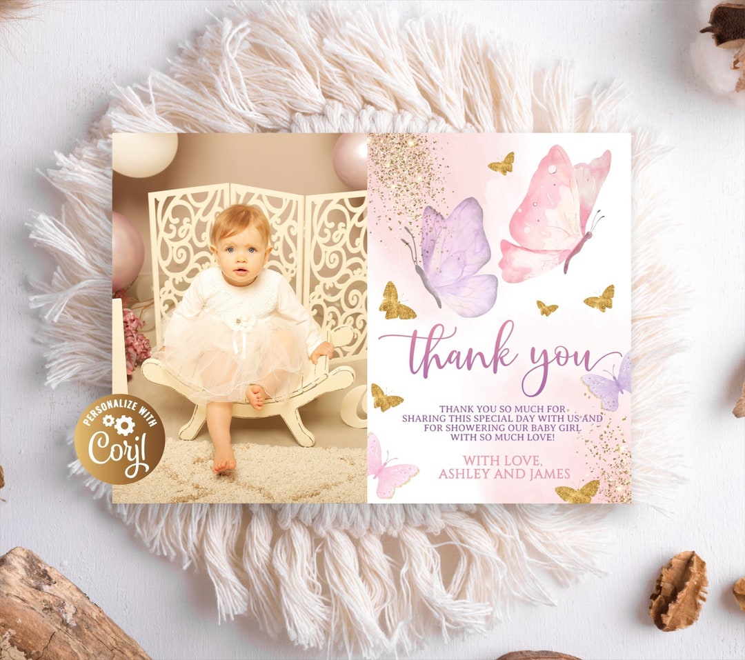 Editable Butterfly Thank You Card With Picture, Butterfly Baby Shower ...