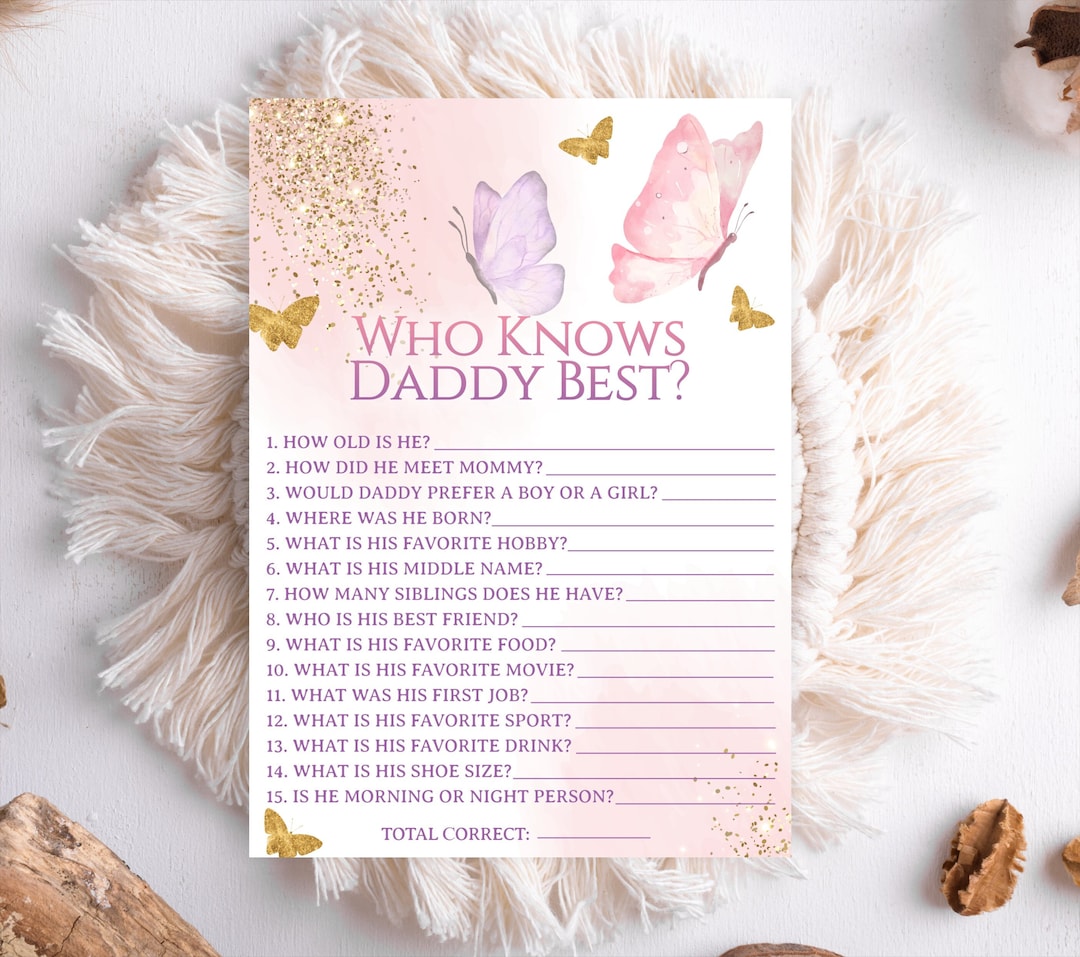 Butterfly Who Knows Daddy Best Game Baby Shower Games, Gold Pink Who ...