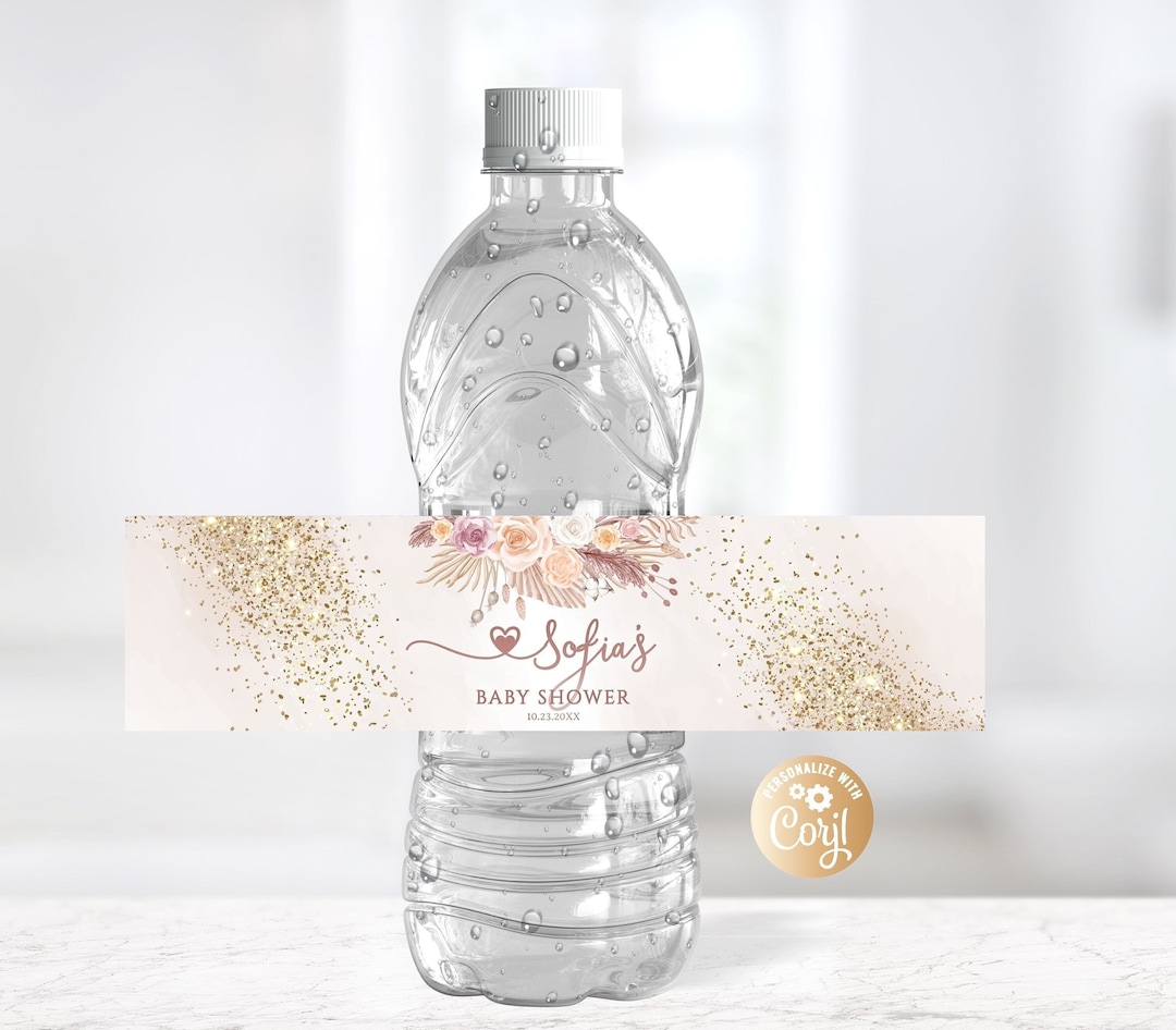 Editable Boho Bottle Label Baby Shower Roses, Pampas Grass Birthday ...