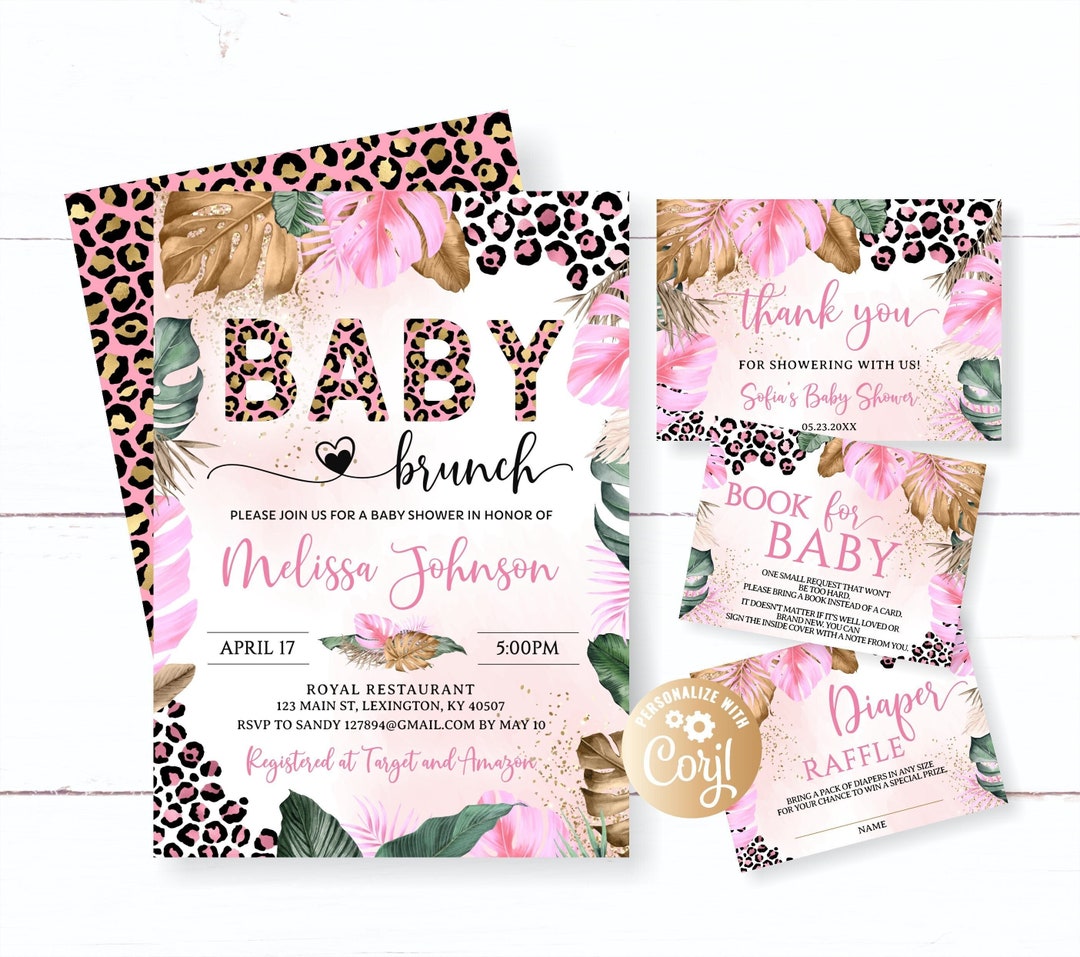 Editable Girl Leopard Baby Shower Invitation Set, Girl Safari Baby ...