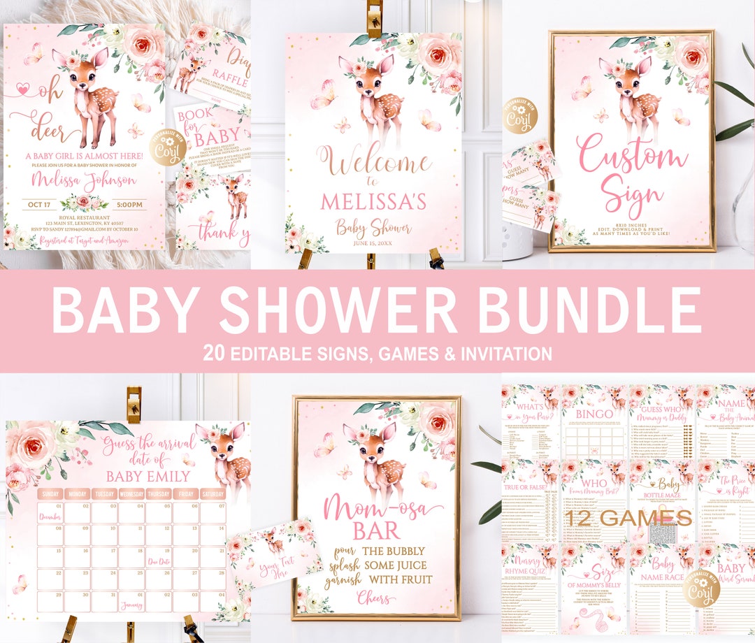Editable Oh Deer Girl Baby Shower Bundle, Deer Baby Shower Set, Oh Deer ...
