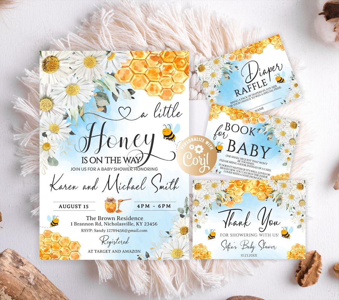 Editable A Little Honey is on the Way Bee Baby Shower Set Invitation ...