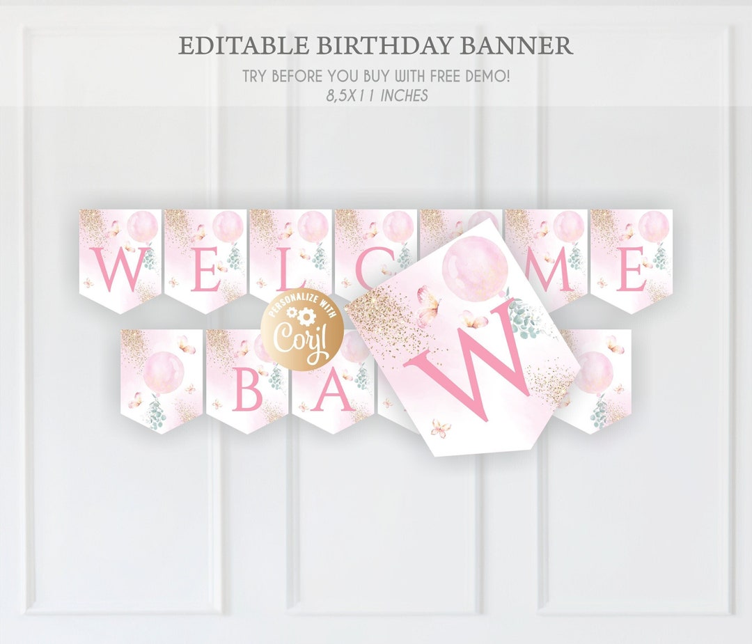 Editable Girl Pink Balloon Hot Air Balloon Welcome Baby Banner, Gold ...