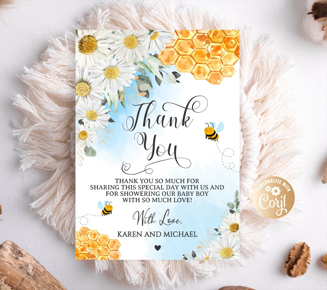 Editable Bee Thank You Card, A Little Honey Baby Shower Thank You Card ...