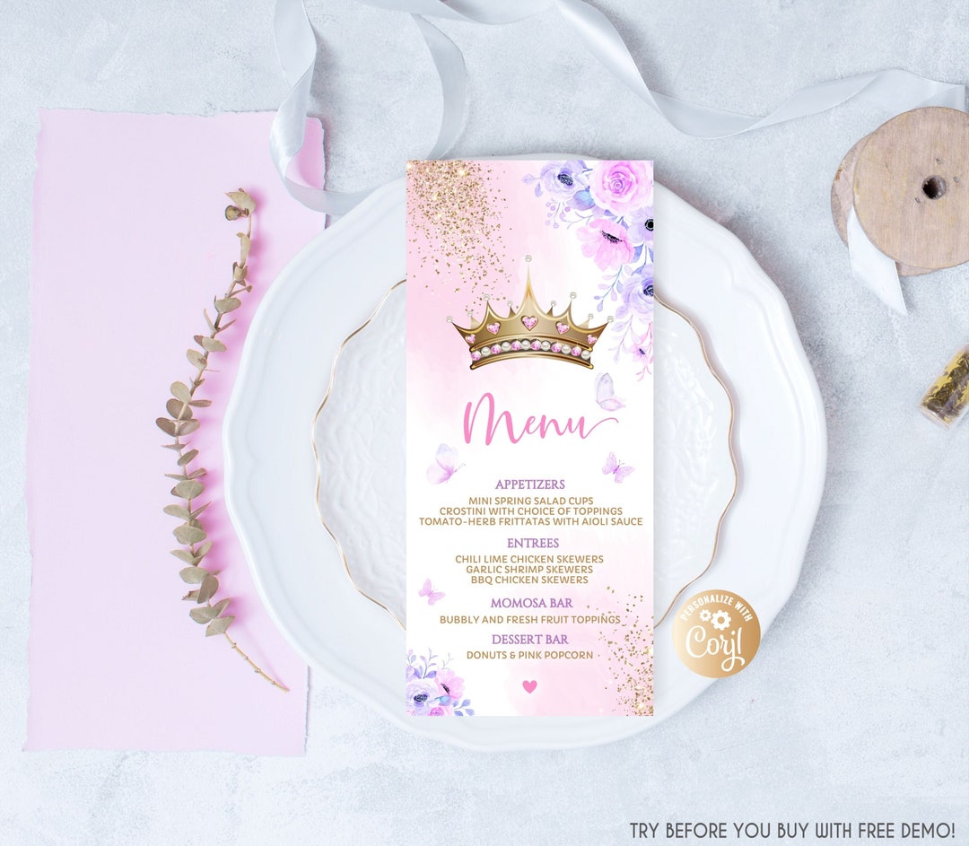 Editable Princess Girl Dinner Menu Card, Royal Watercolor Gold Pink ...