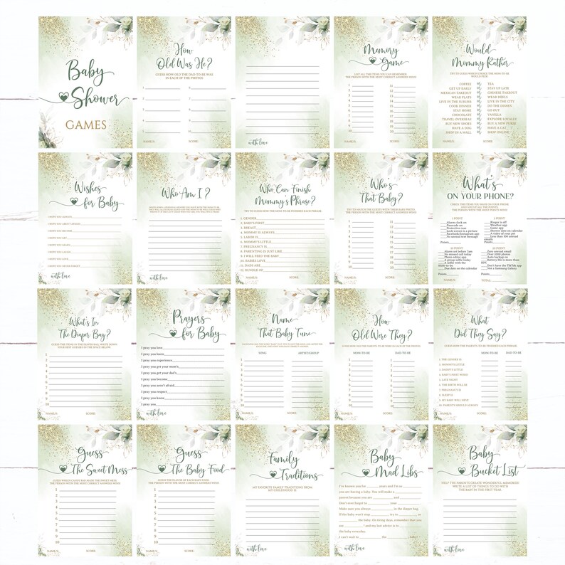 Editable Greenery Green Sage Baby Shower Games Package 50 Printable ...