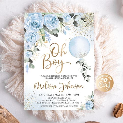 Editable Oh Boy Baby Shower Invitation Boy Navy Blue Balloon - Etsy