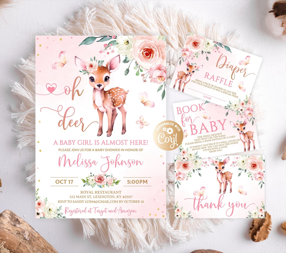 Deer Baby Shower Bundle Invitation, Pink Oh Deer Greenery Baby Shower ...