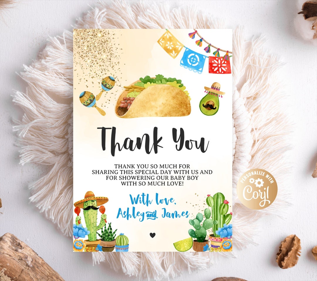 Editable Boy Fiesta Thank You Card, Fiesta Cactus Baby Shower Thank You ...