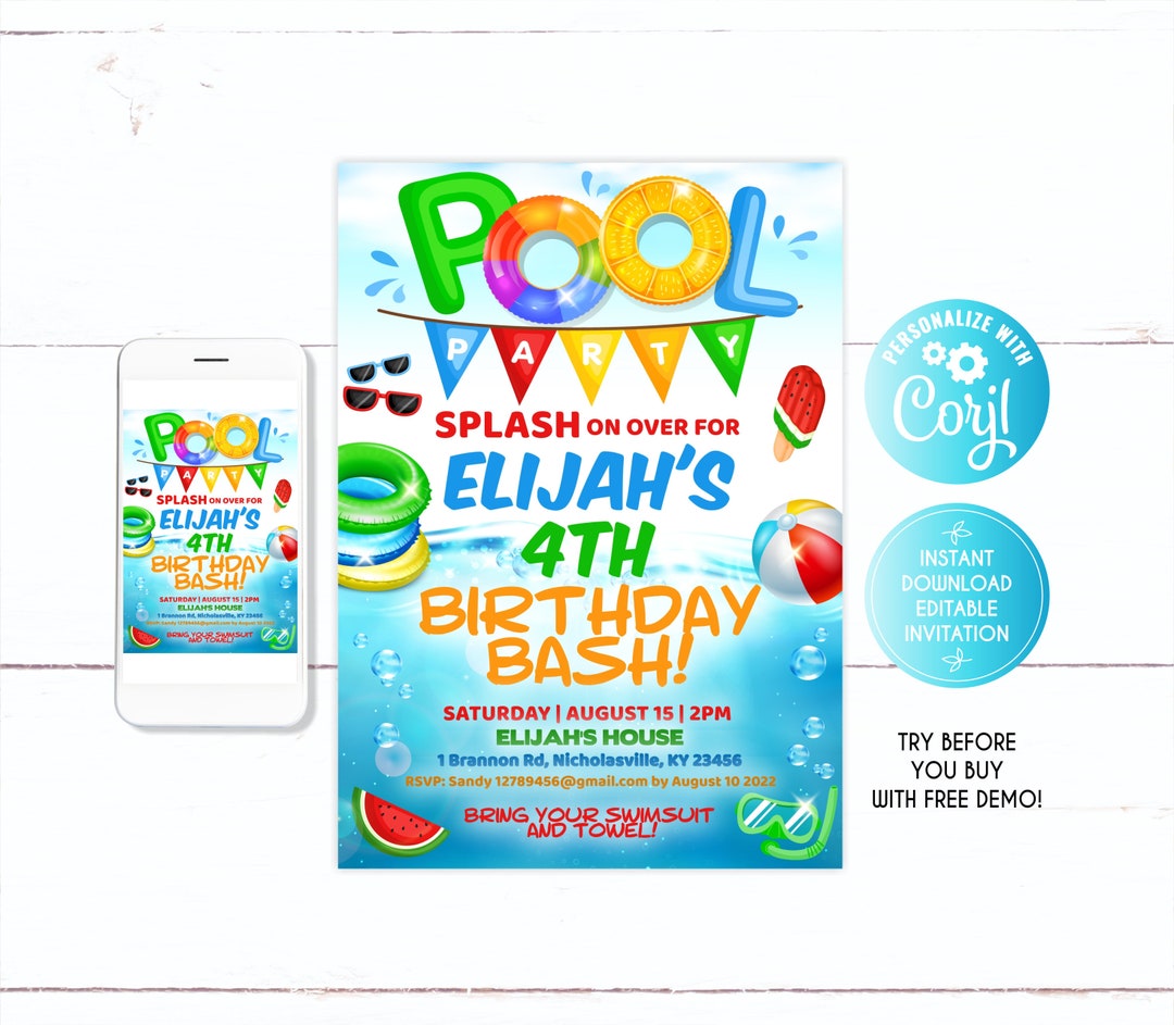 Pool Party Invitation Boy, Splash on Over For, Birthday Bash Invitation ...