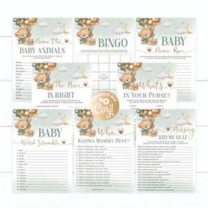 Editable Bear Baby Shower Game Package, 8 Printable Bear Green Balloons ...