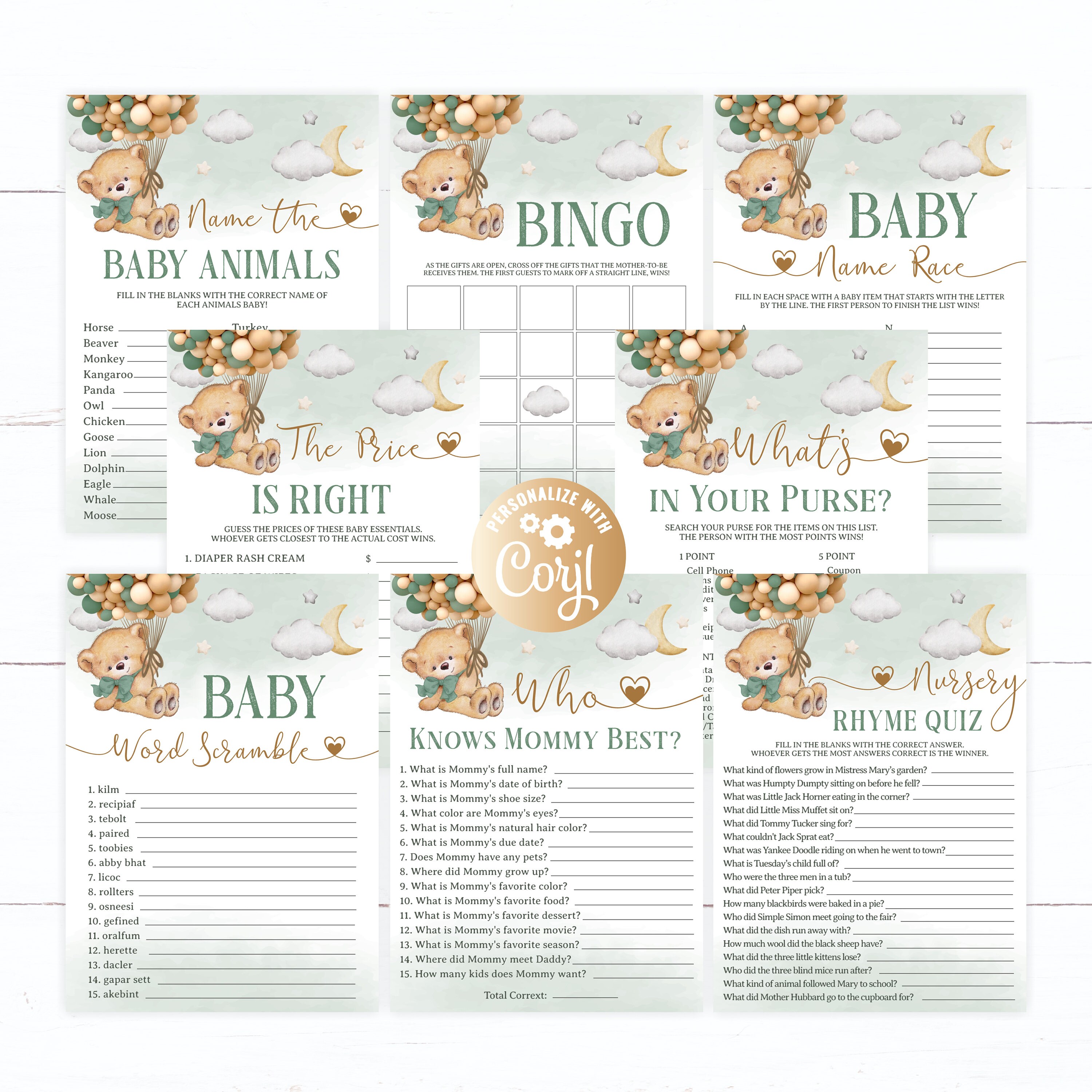 Editable Bear Baby Shower Game Package, 8 Printable Bear Green Balloons ...