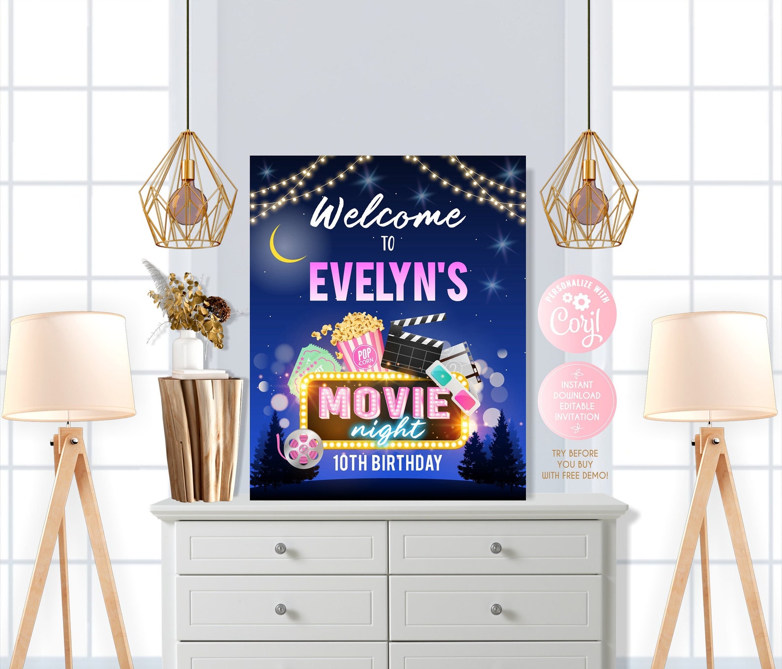 Welcome Sign Movie Night Birthday, Movie Night Welcome Sign, Movie ...