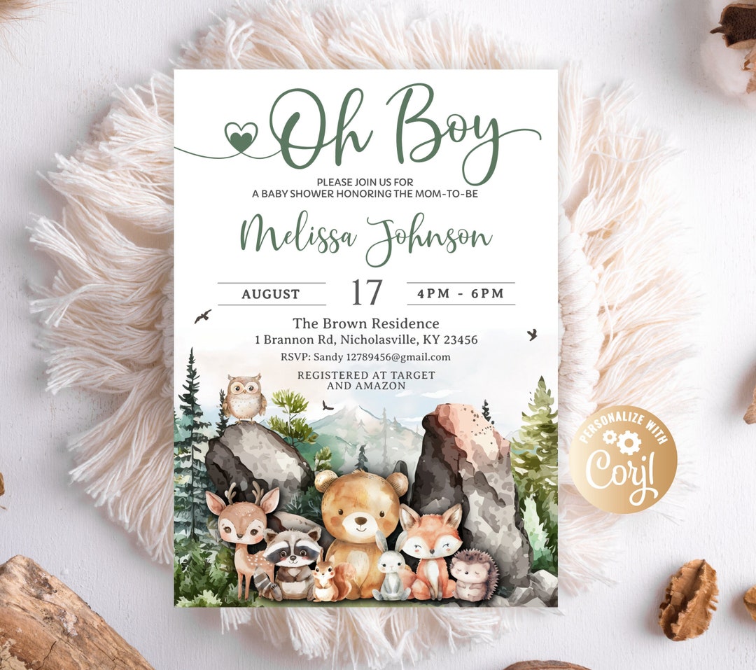 Editable Woodland Baby Shower Invitation, Oh Boy Woodland Animals, Boy ...