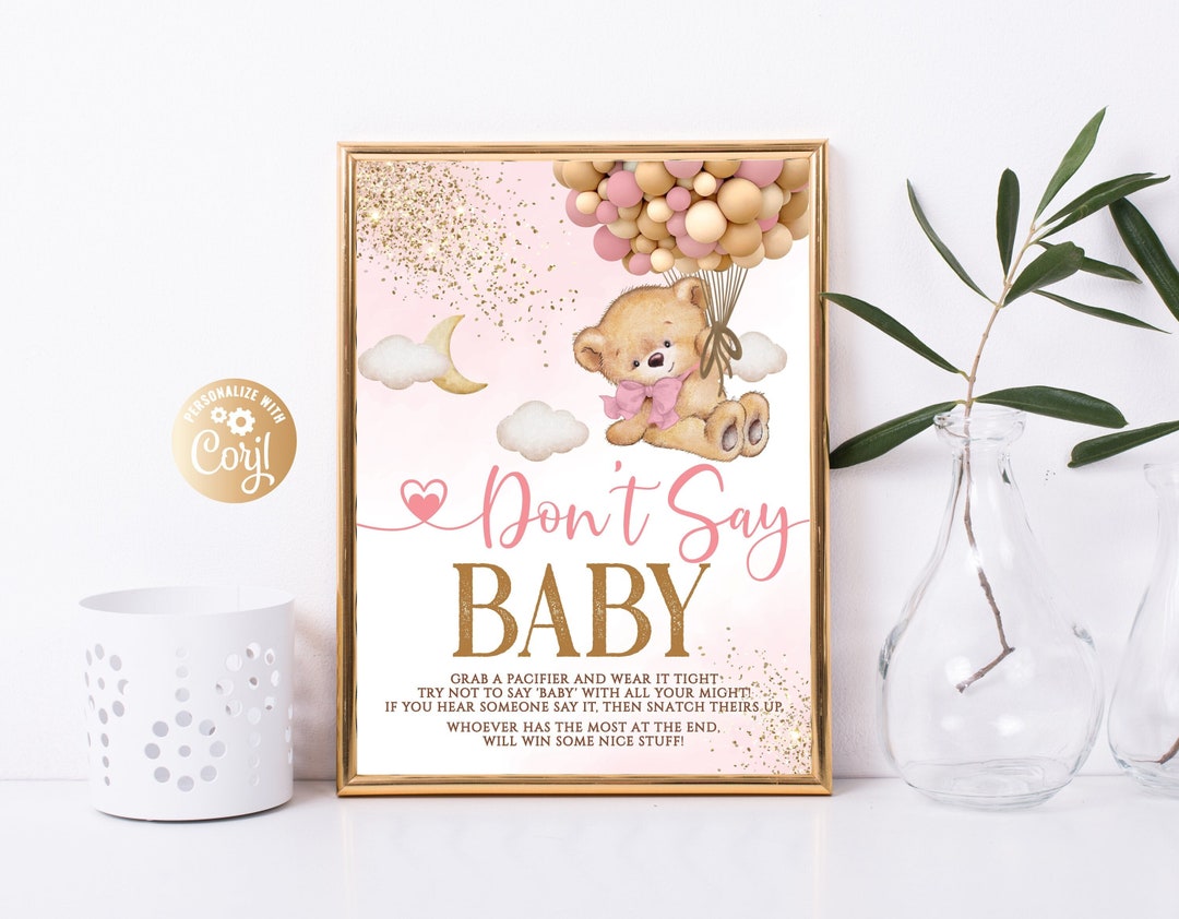 Editable Bear Pink Don't Say Baby Game Sign, Bear Pink Don't Say Baby ...