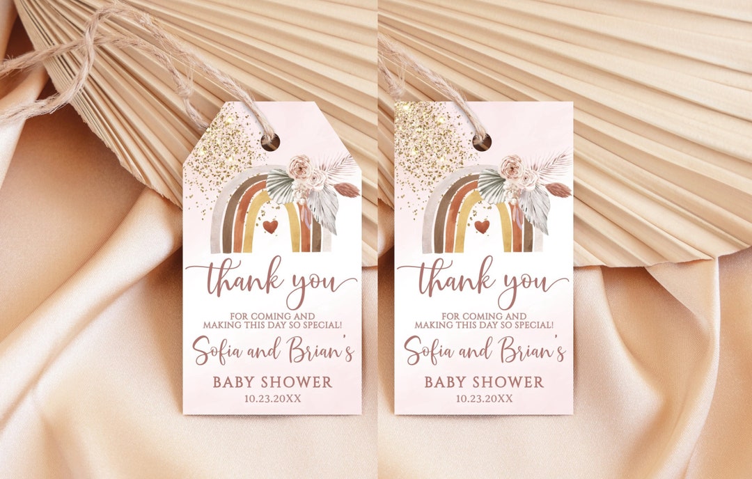 Editable Boho Rainbow Thank You Tags, Pampas Grass Baby Shower Favor ...