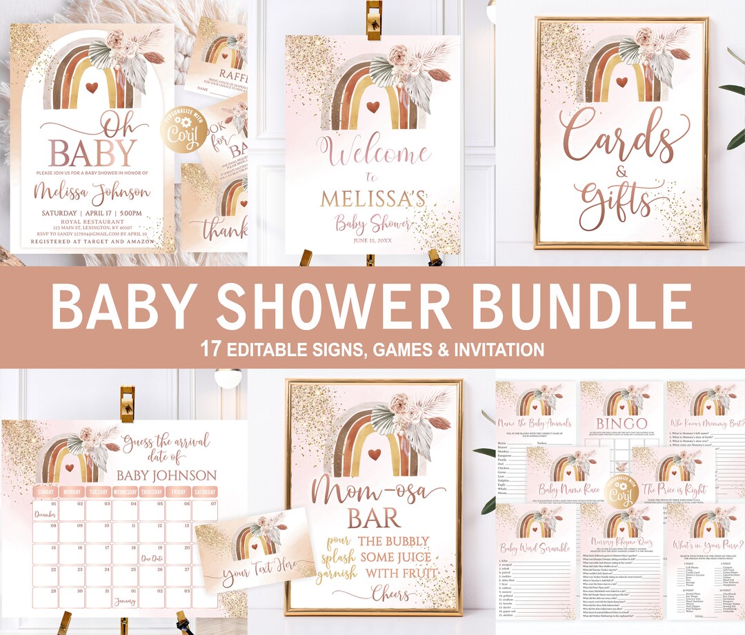 Editable Rainbow Boho Baby Shower Bundle Set, Baby Shower Bundle Boho ...
