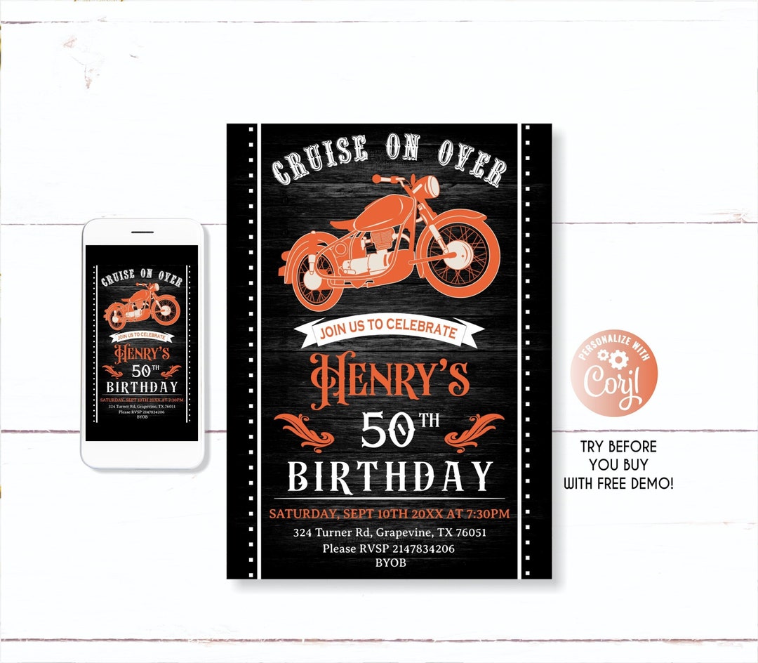 Motorcycle Birthday Invitation, Motorcycle Invitation, Motorcycle ...