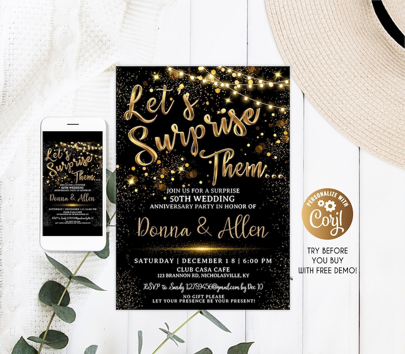 Editable Golden Surprise Wedding Anniversary Invitations, Let's ...