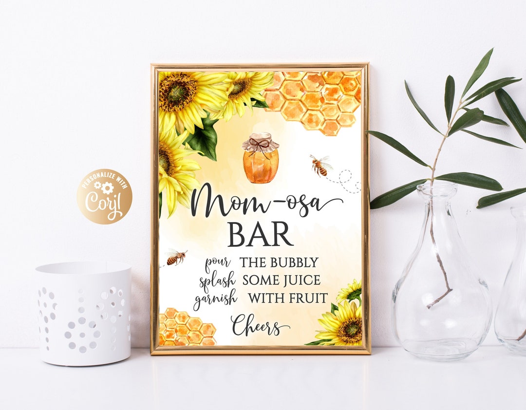 Editable Bee Honey Boy Mom-osa Bar Baby Shower Sign, Bee Mom-osa Bar ...