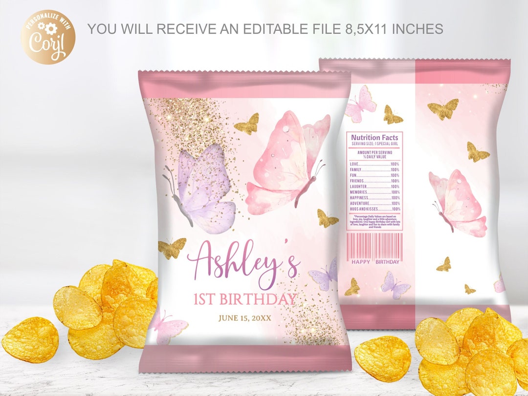 Editable Butterfly Birthday Chip Bags, Gold for Girl, Pink Butterfly ...