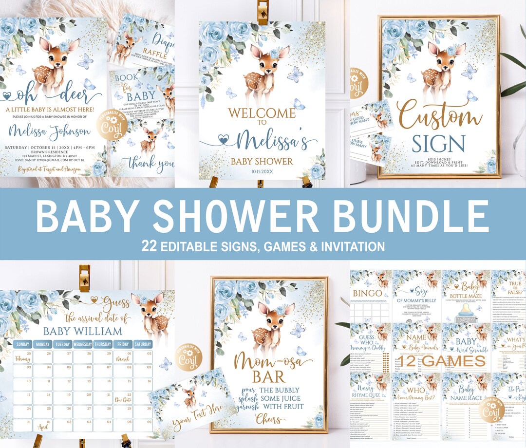 Editable Oh Deer Boy Baby Shower Bundle, Deer Blue Baby Shower Set, Oh ...