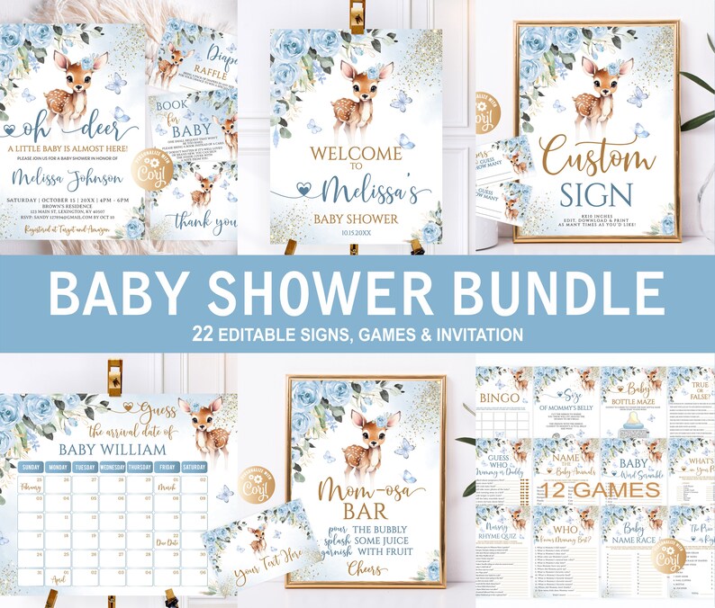 Editable Oh Deer Boy Baby Shower Bundle, Deer Blue Baby Shower Set, Oh ...