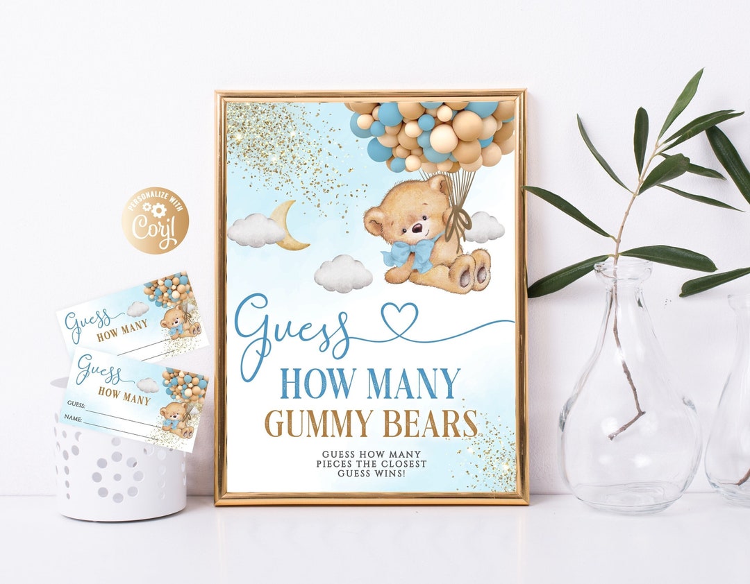 Editable Bear Boy Guess How Many Bear Blue Baby Shower Decor Guess How ...