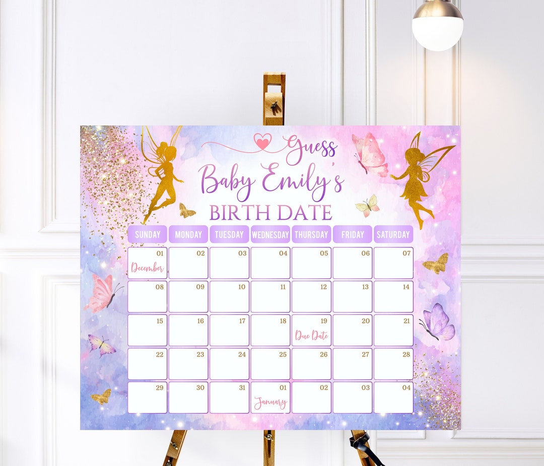 Editable Fairy Due Date Calendar Purple, Magical Fairies Guess the Due ...