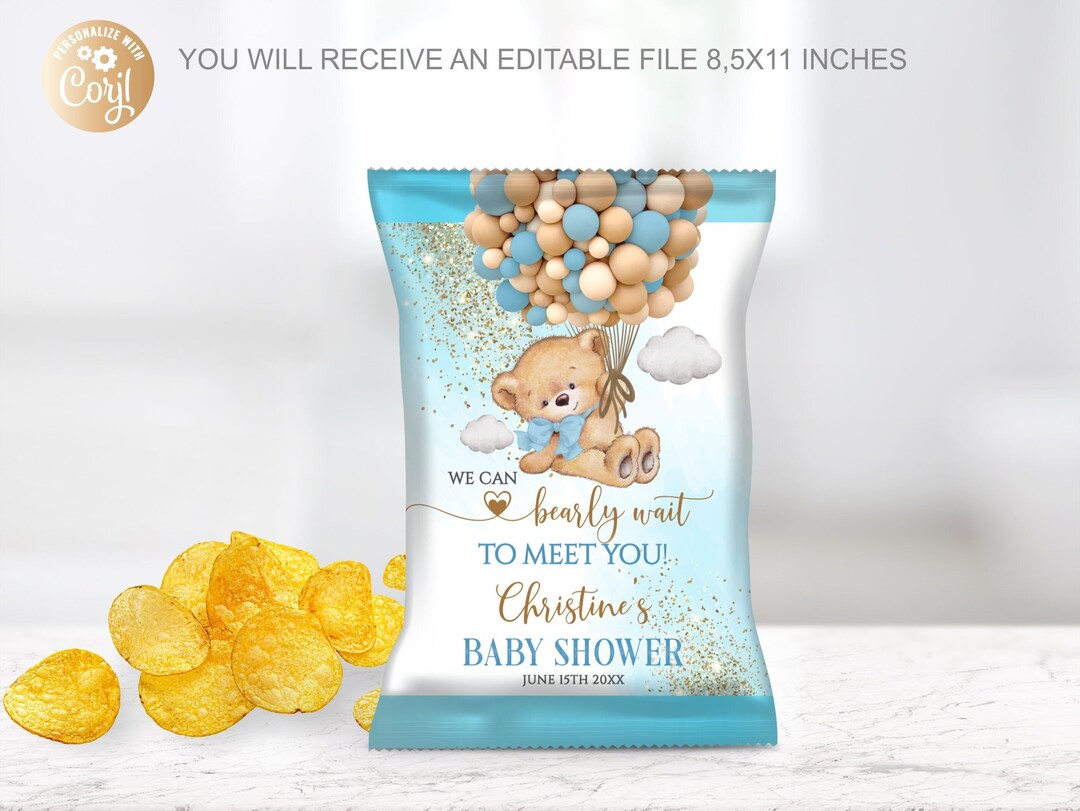 Editable Bear Chip Bags, Blue Bear Baby Shower Chip Bag, Gold Boy ...