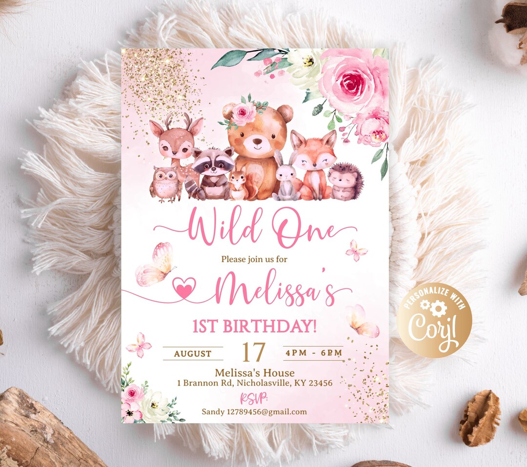 Editable Woodland Girl Wild One Birthday Invitation, Hot Pink Girl ...