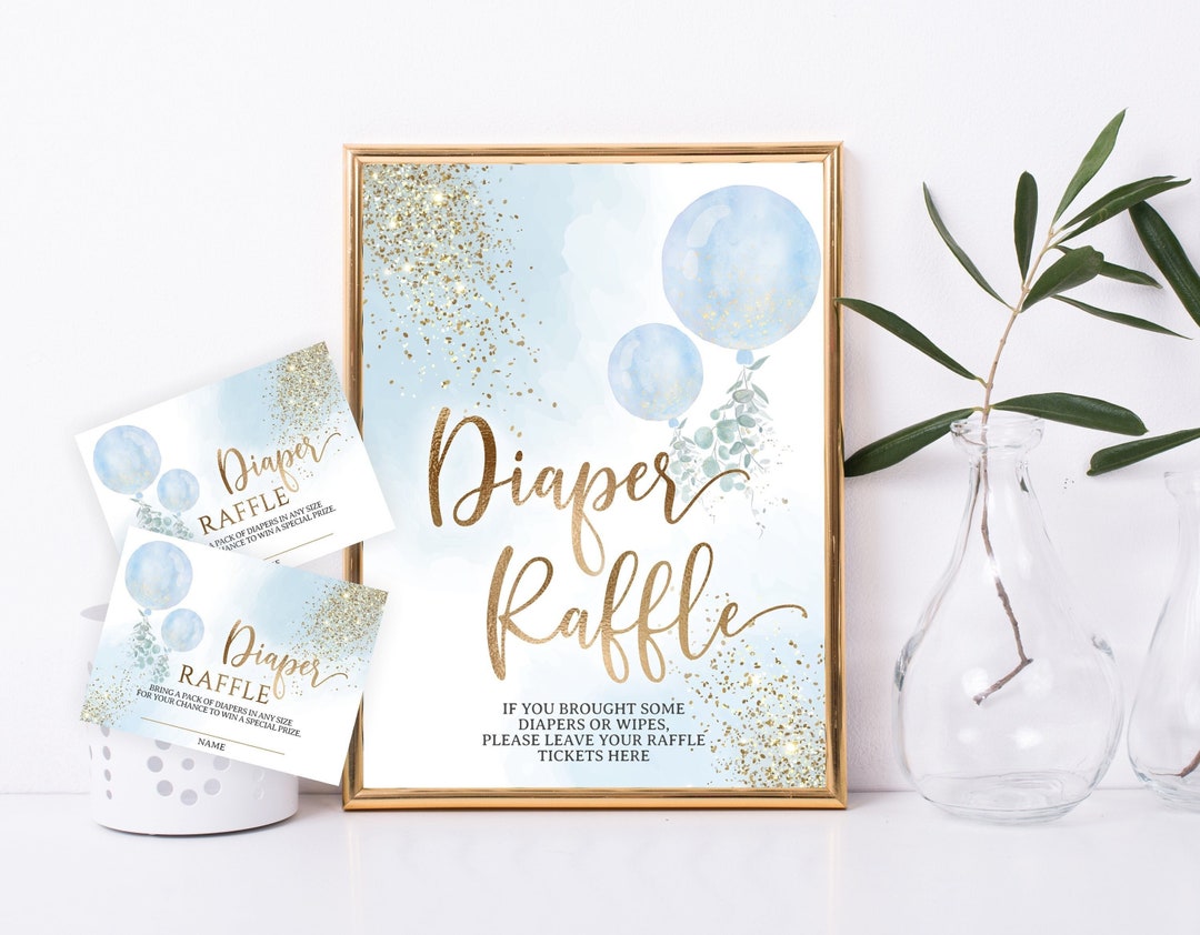 Oh Boy Baby Shower Diaper Raffle Sign and Cards Blue Gold and Two Blue ...
