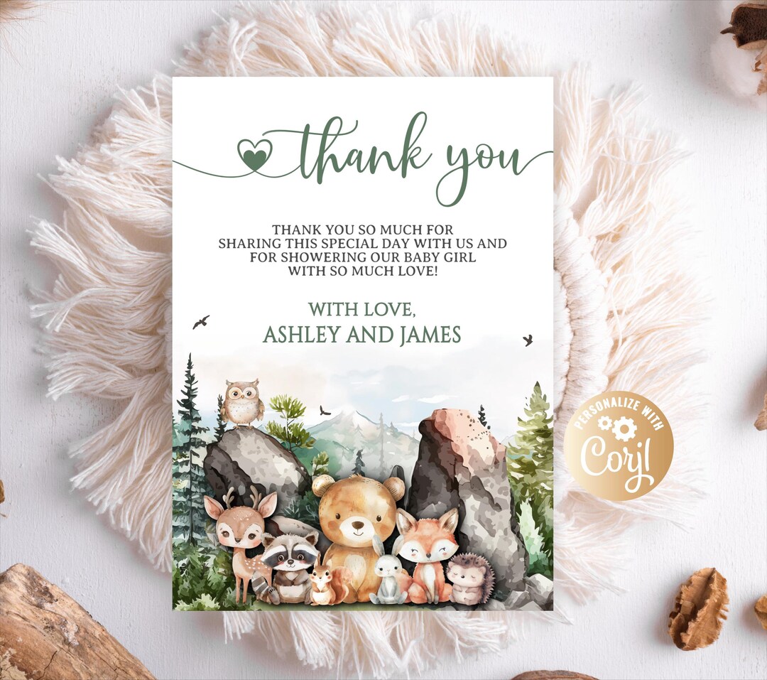 Editable Woodland Boy Thank You Card Baby Woodland Animals Baby Shower ...