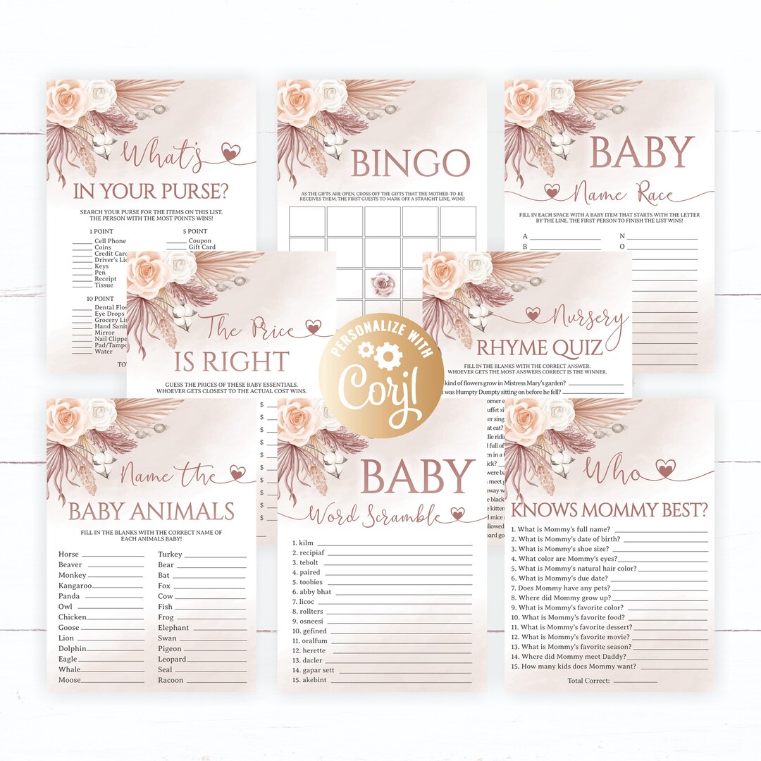 Boho Baby Shower Games Package, 8 Printable Pink Boho Baby Shower Games ...