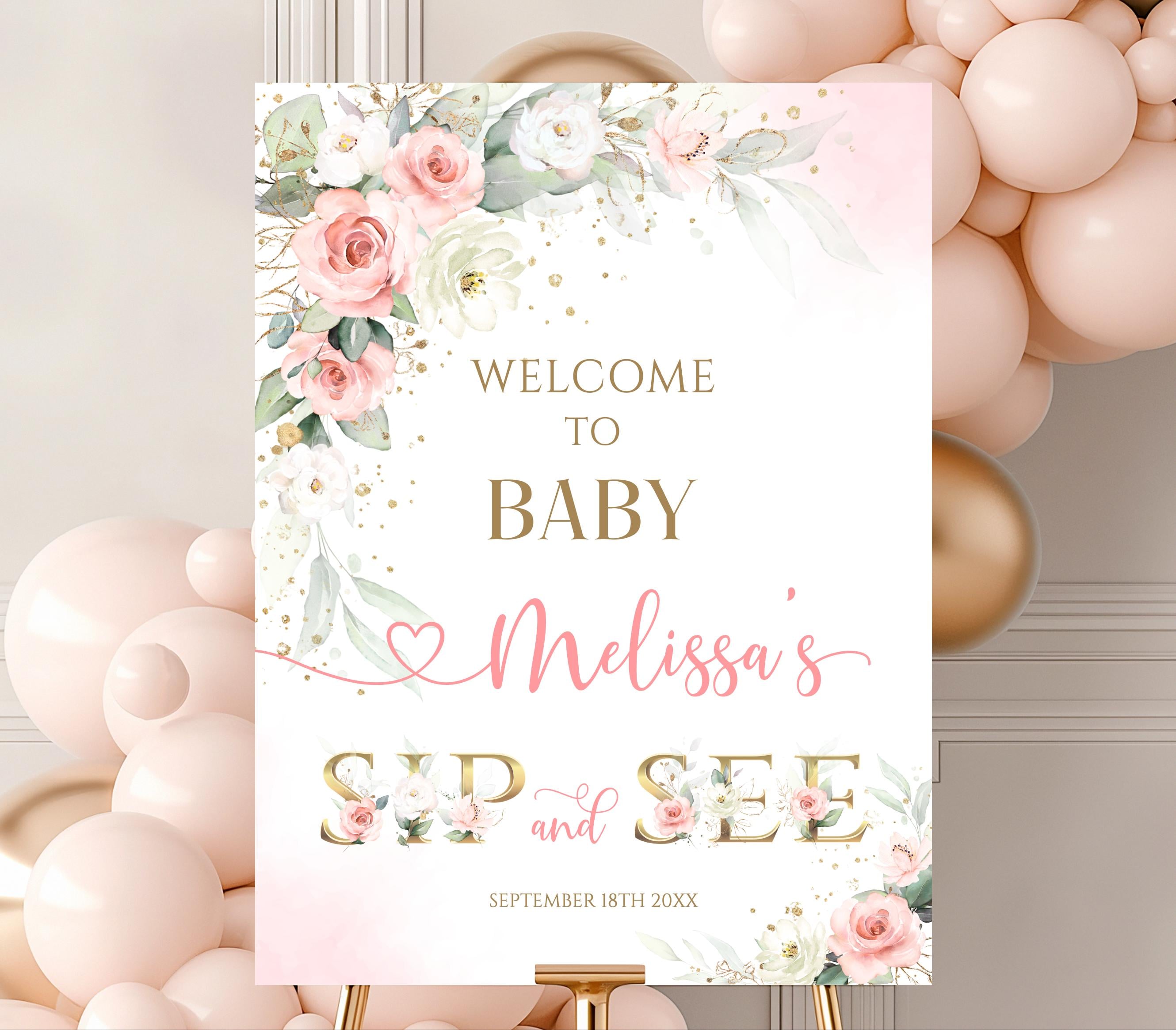 Editable Pink Rose Sip and See Welcome Sign Gold, Roses Floral Blush ...