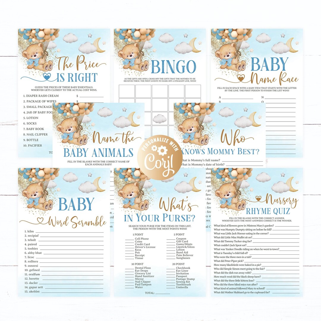 Editable Bear Blue Gold Baby Shower Game Package, 8 Printable Bear Blue ...