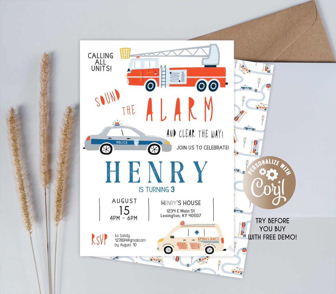 First Responders Birthday Invitation, Calling All Units, First ...