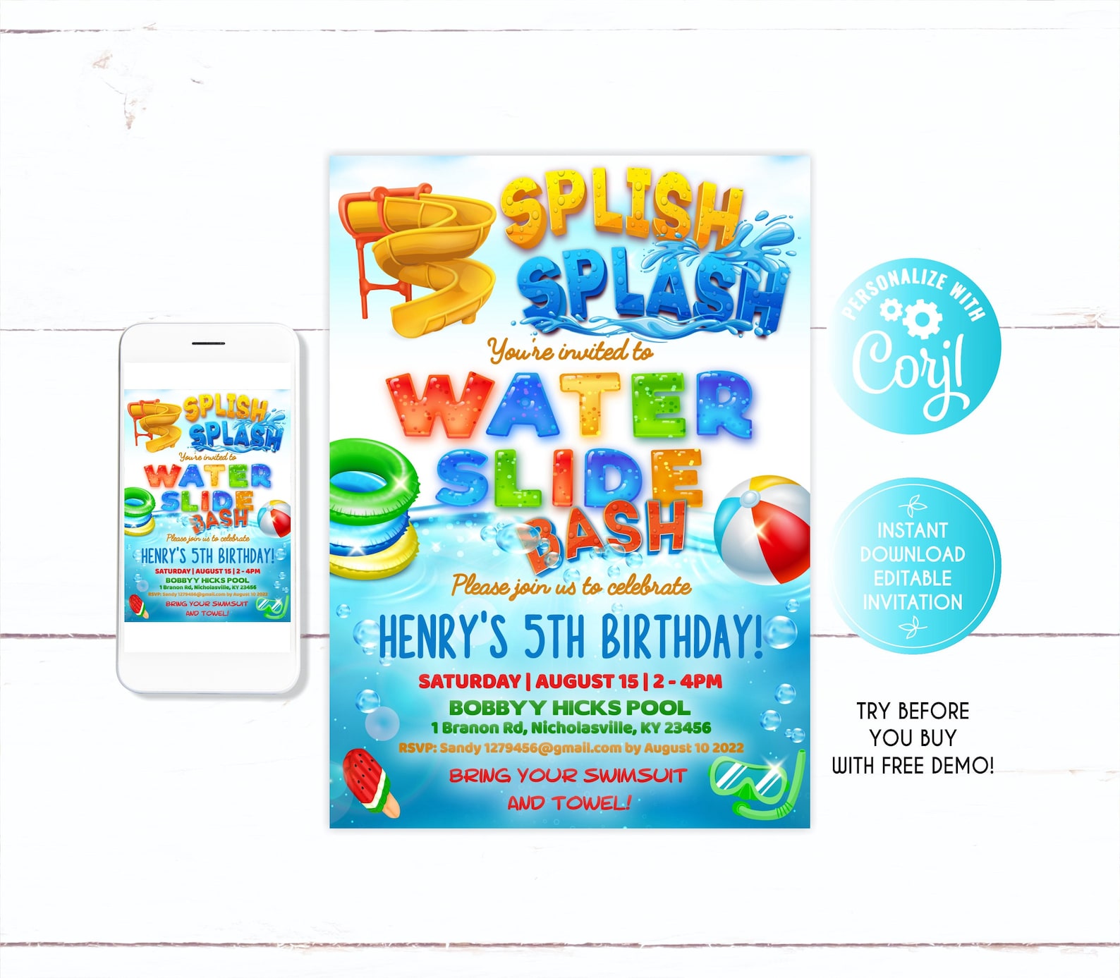 Water Slide Birthday Invitation, Water Slide Invitation, Waterslide ...