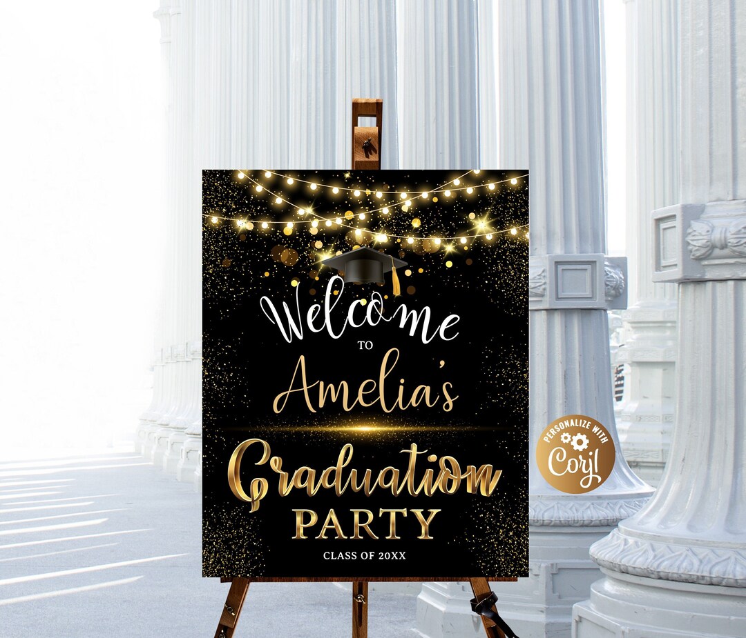 Graduation Welcome Sign Editable Party Decorations Pink Black Green ...