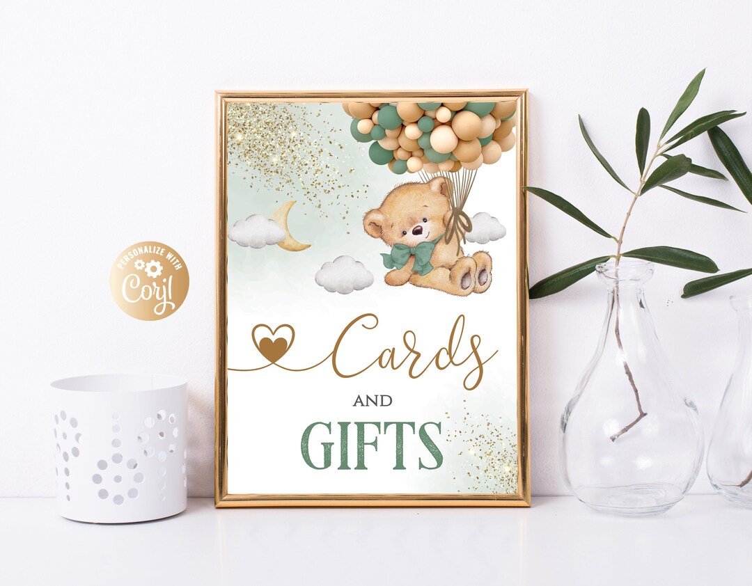 Bear Cards and Gifts Sign for Boy, Gold Green Bear Cards & Gifts Table ...